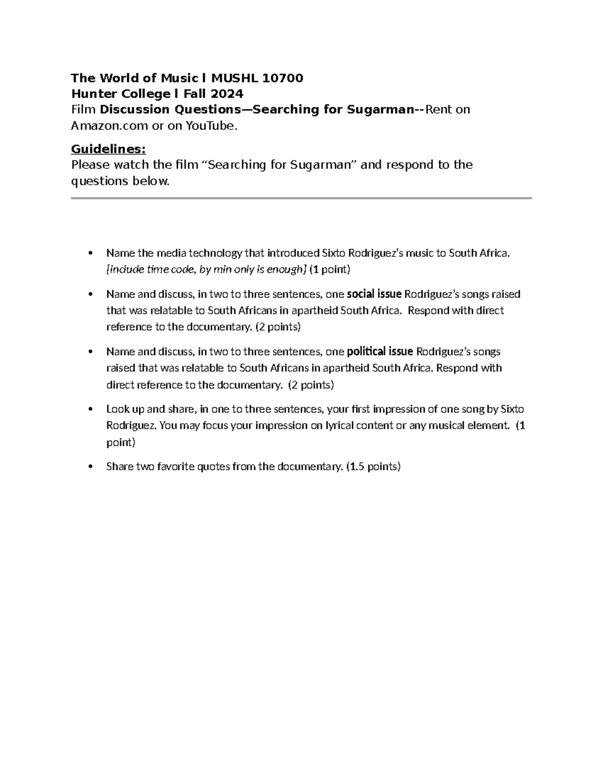 Film Discussion Questions for "Searching for Sugarman" | MUSHL 10700 ...
