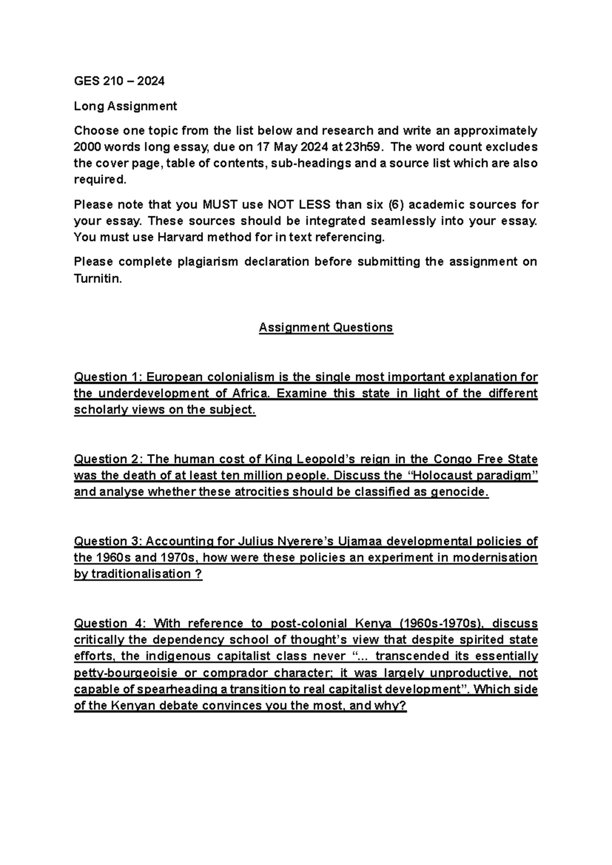 GES 210 - 2024 Long Assignment: Essay Questions and Guidelines - Studocu