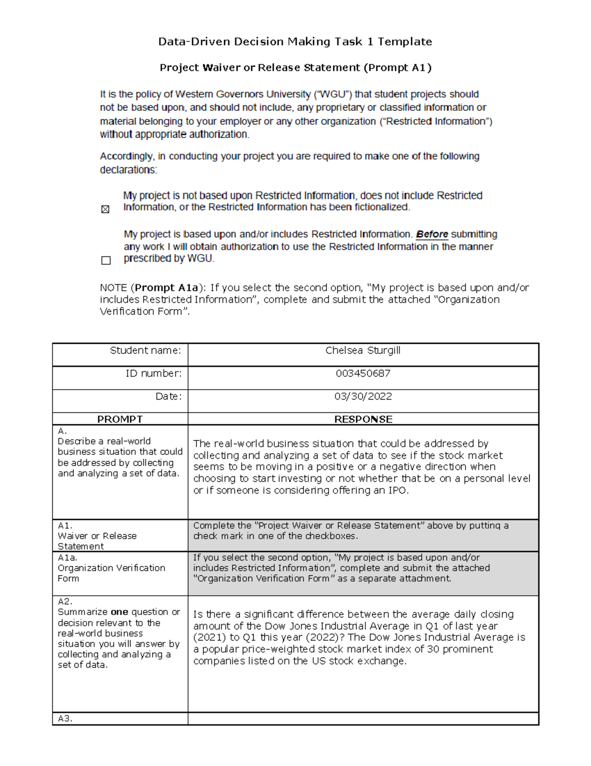 Data Driven Decision Making Task 1 - Student name: Chelsea Sturgill ID ...