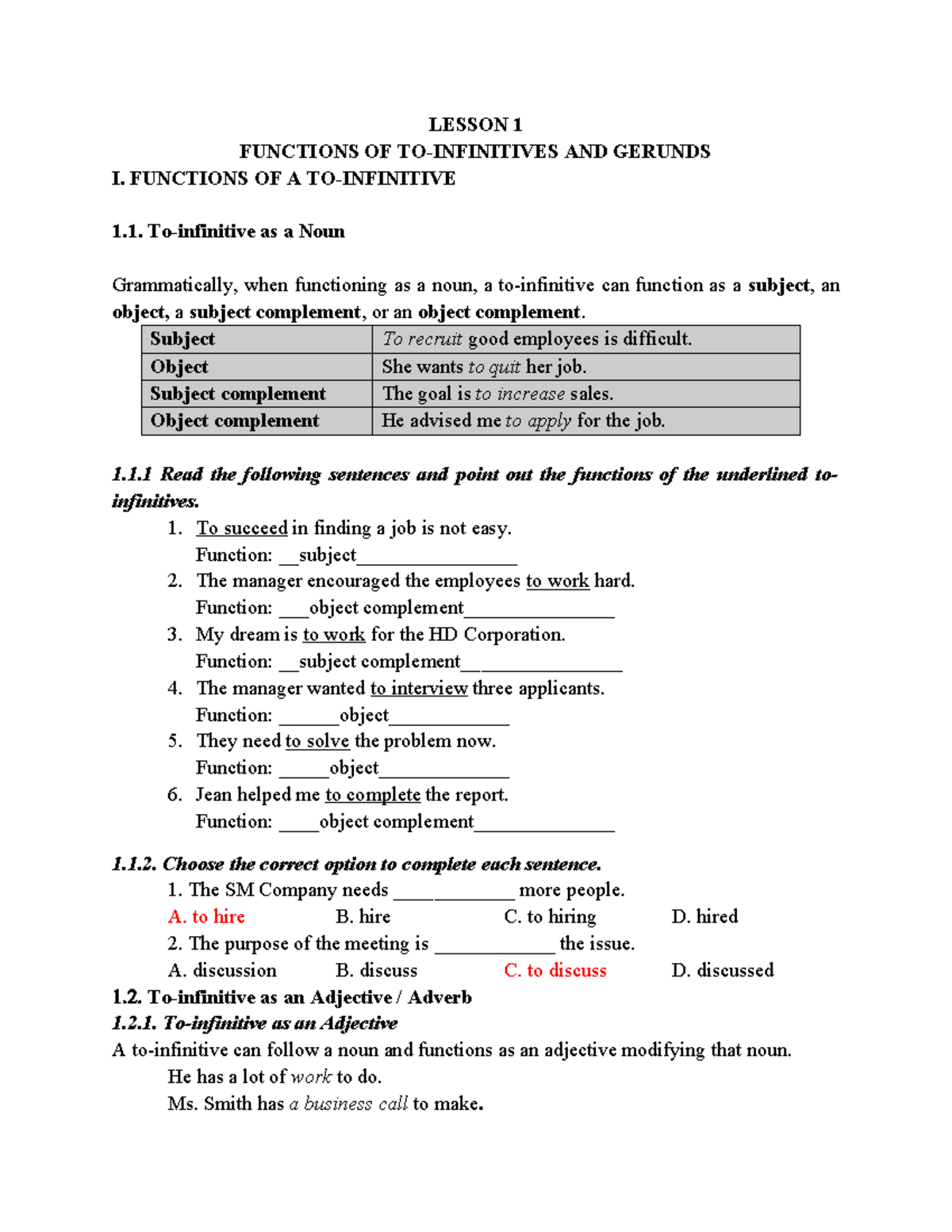 Lesson 1 - ..... - LESSON 1 FUNCTIONS OF TO-INFINITIVES AND GERUNDS I ...