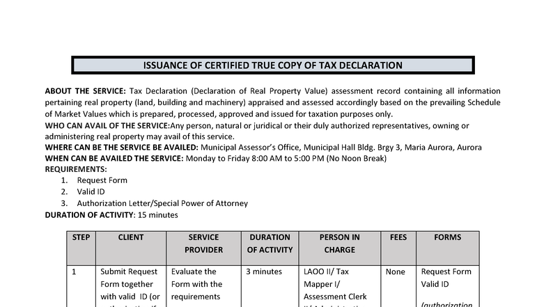 Issuance of Certified True Copy of Tax Declaration Service - Studocu