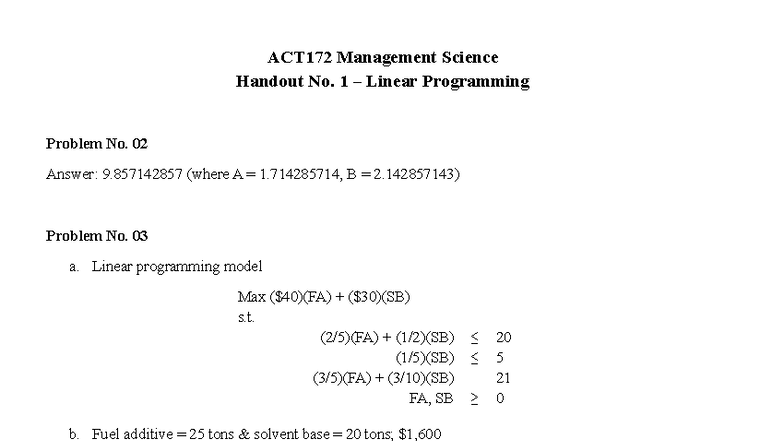 ACT172 Management Science Handout 01: Linear Programming Solutions ...