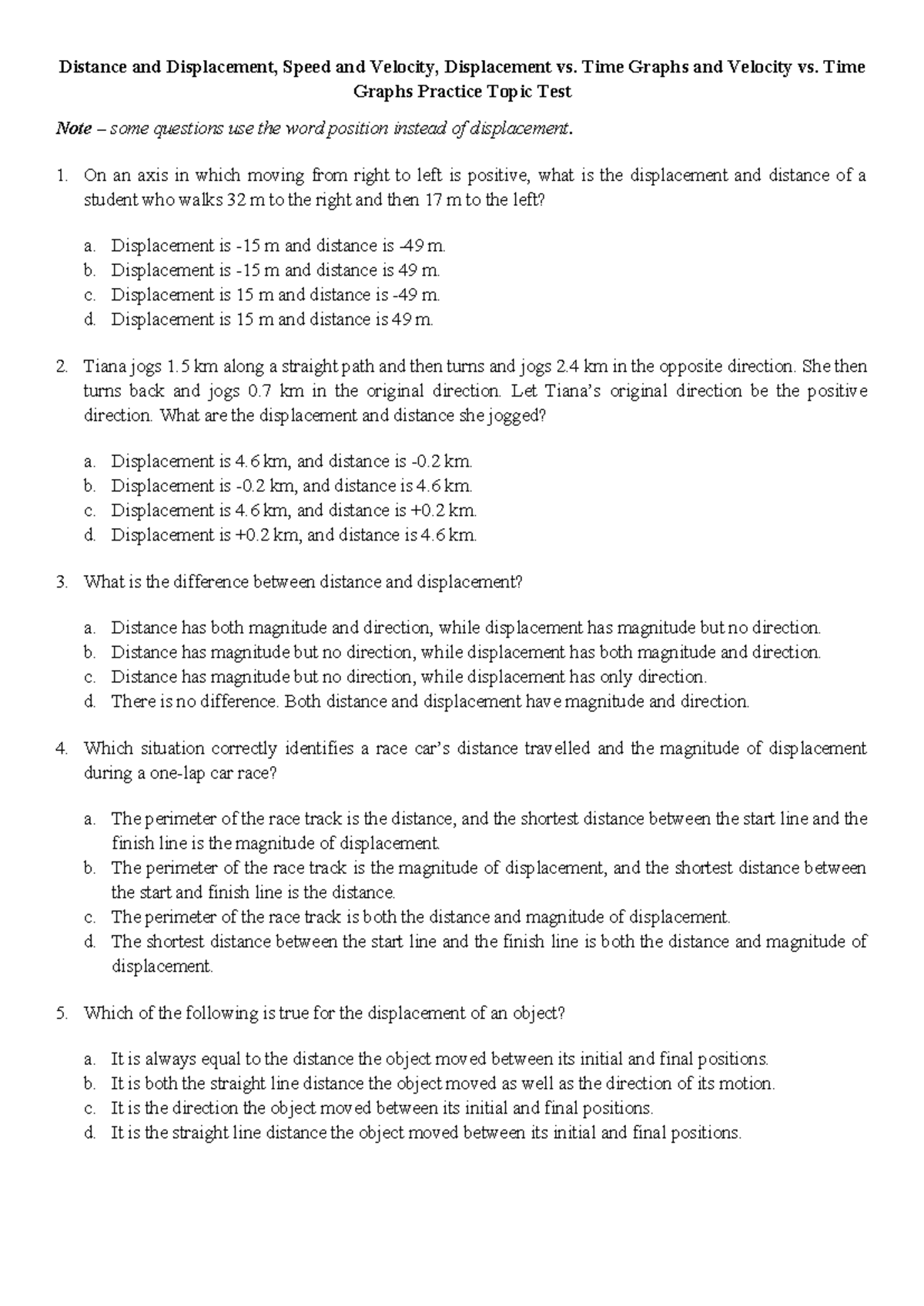 Year 10 Physics Practice Test 1: Distance, Displacement & Velocity ...
