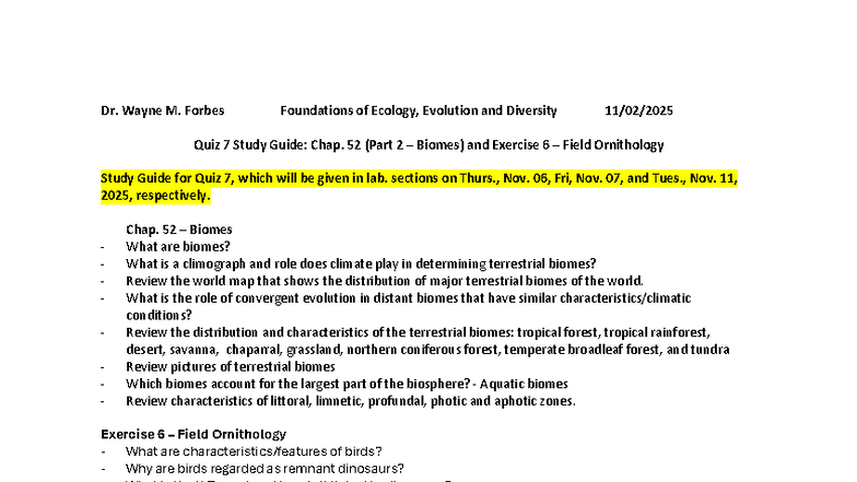 Quiz 7 Study Guide: Chap. 52 Biomes & Field Ornithology Exercise - Studocu