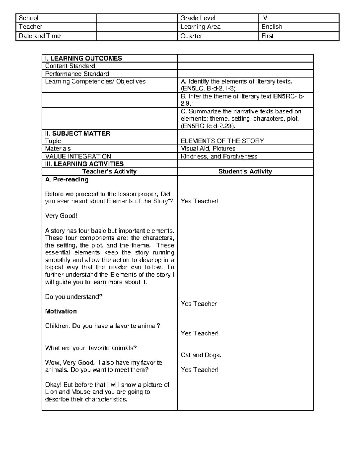 Detailed Lesson Plan on Story Elements (EN5) - Studocu