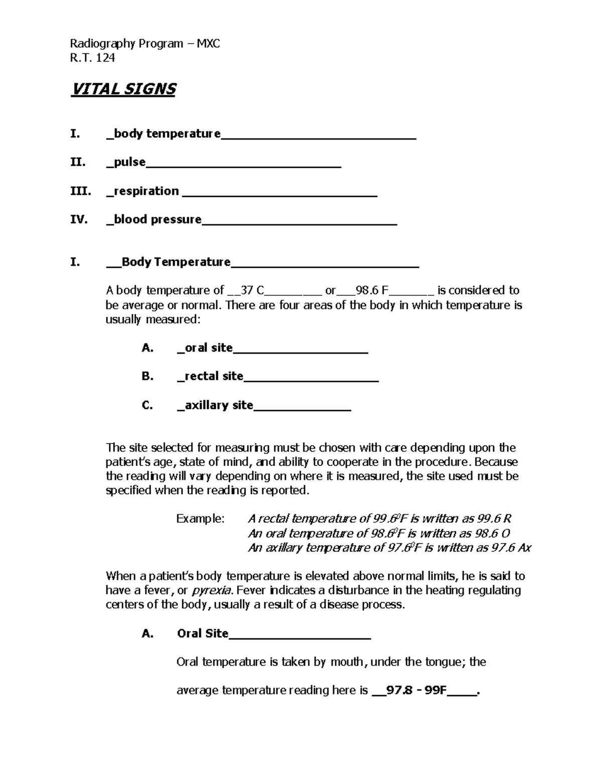 Radiography Program MXC R.T. 124 Vital Signs I: Notes and Guidelines ...