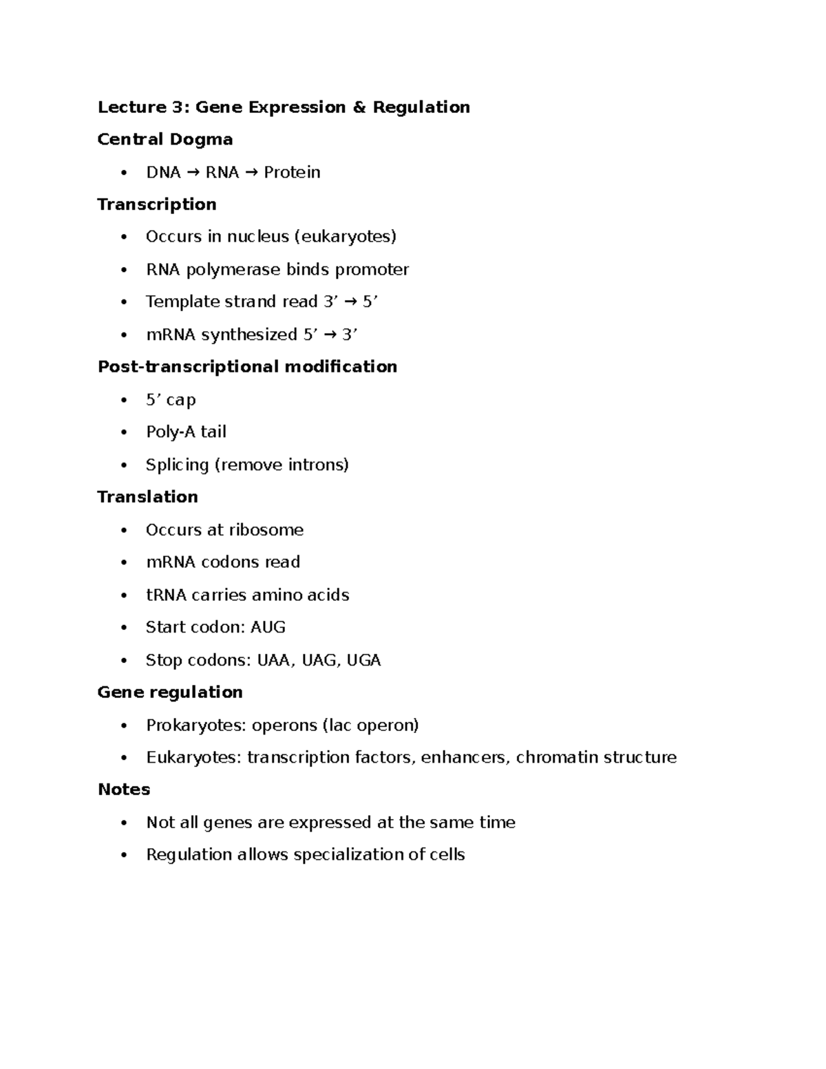 Lecture 3 - Lecutre 1 notes - Lecture 3: Gene Expression & Regulation ...