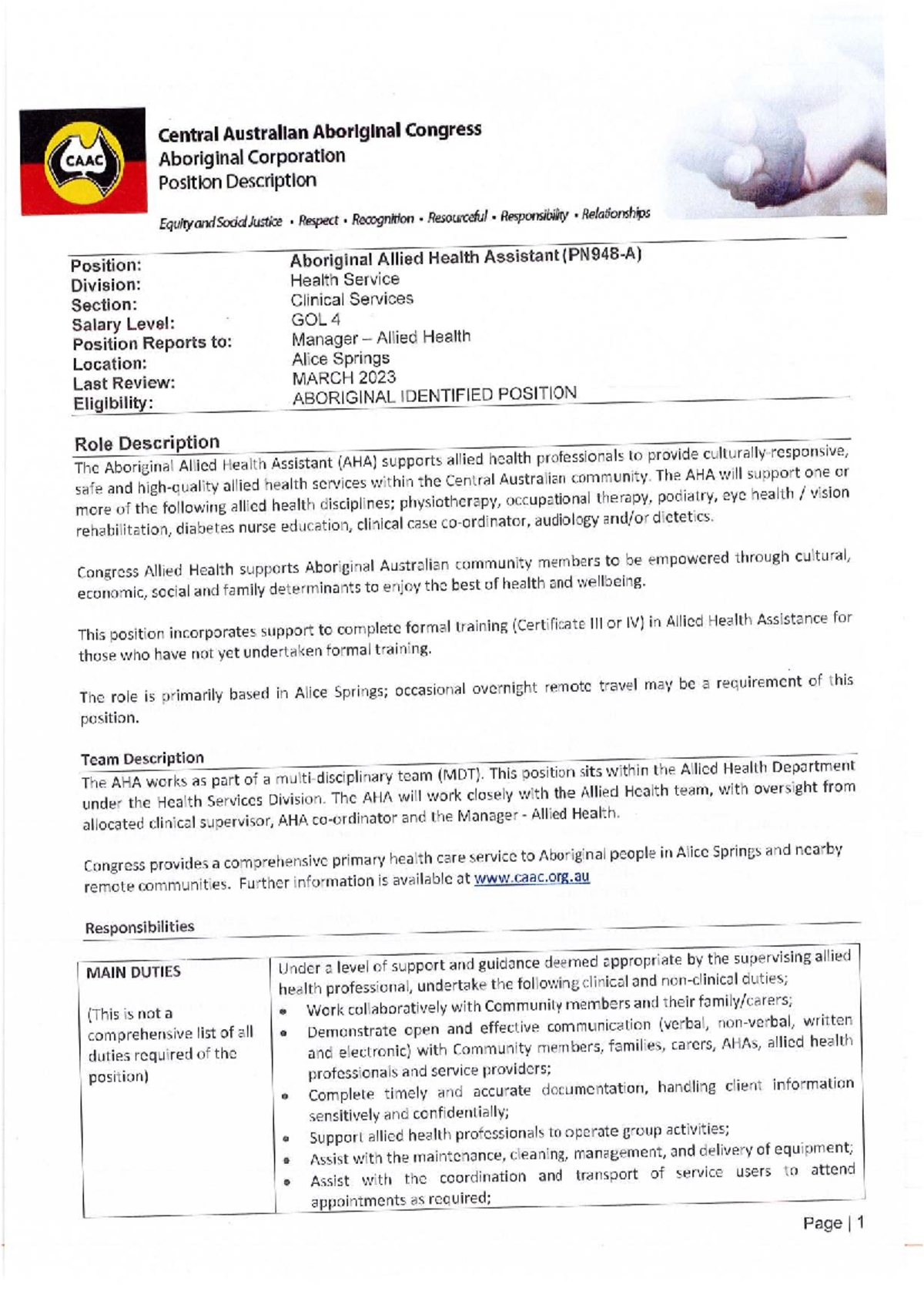 PN948-A Aboriginal Allied Health Assistant Position Description May ...