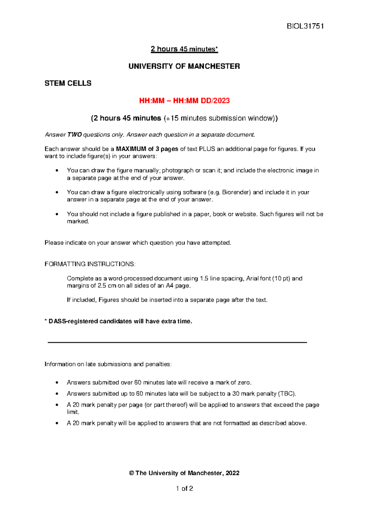 BIOL31751 Stem Cells - Past Paper Questions and Guidelines - Studocu