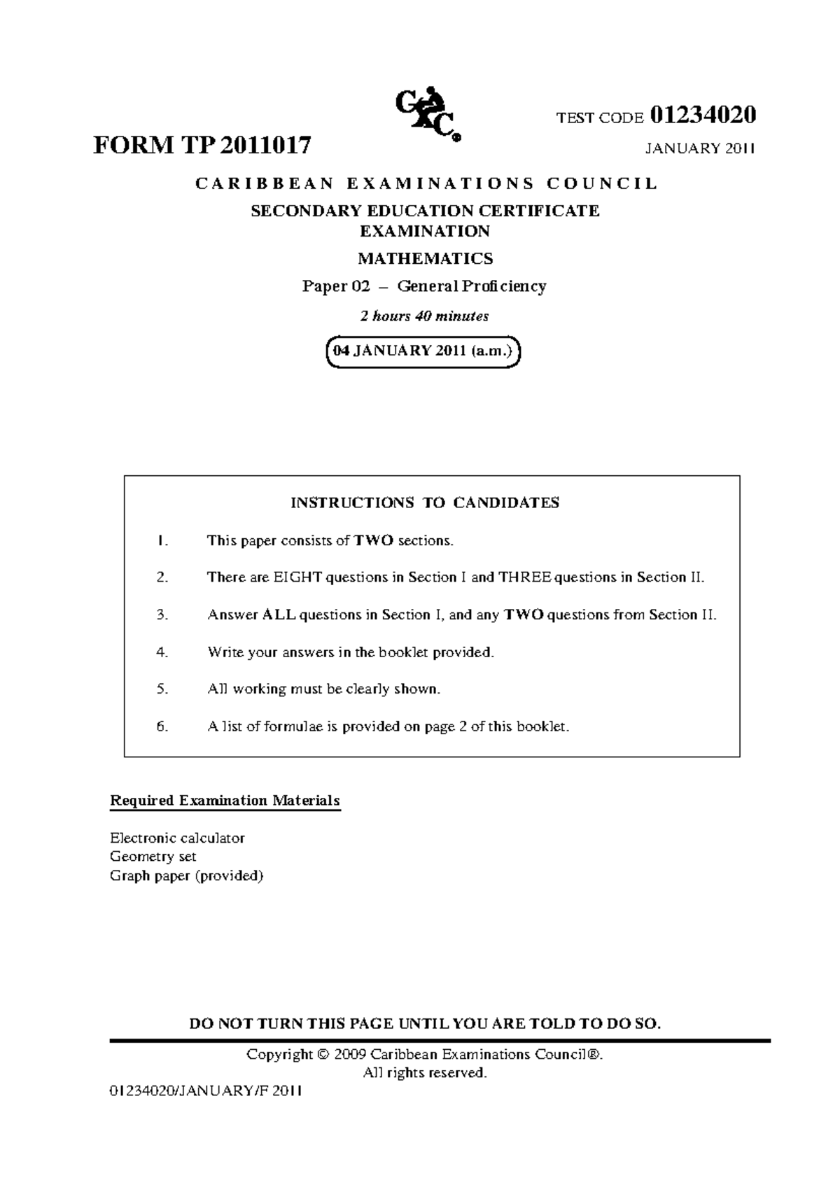CSEC Mathematics Jan 2011 Paper 02 - General Proficiency Exam - Studocu