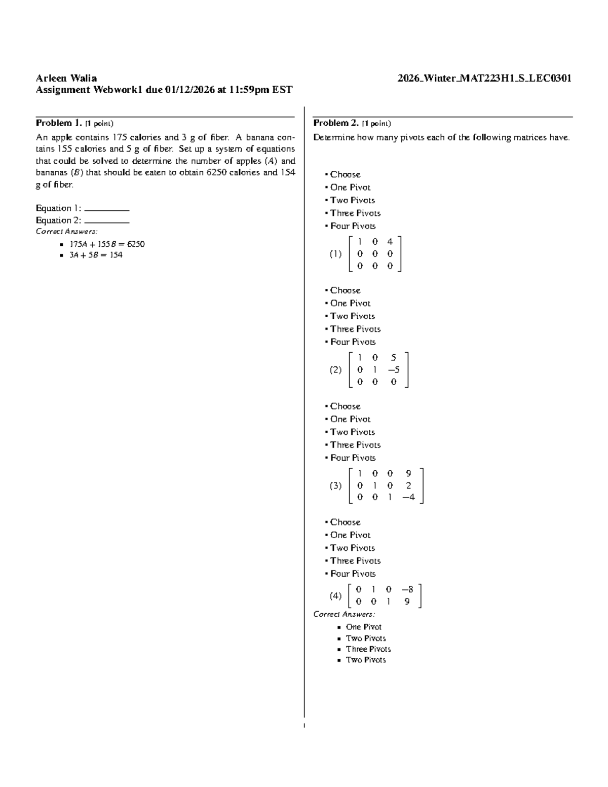 Webwork1 Questions for MAT223H1 S LEC0301 - Winter 2026 - Studocu