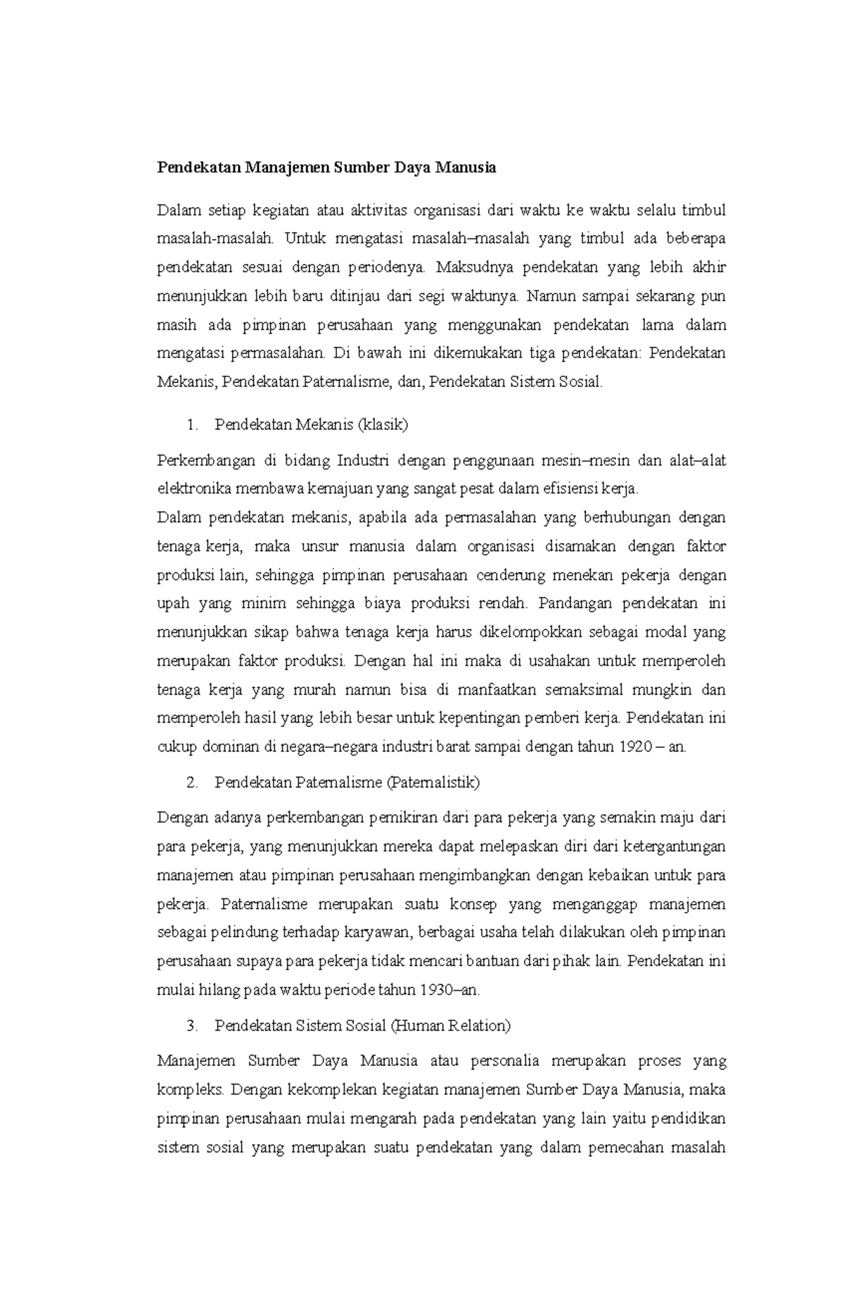 Pendekatan Manajemen Sumber Daya Manusia: Mekanis, Paternalisme ...