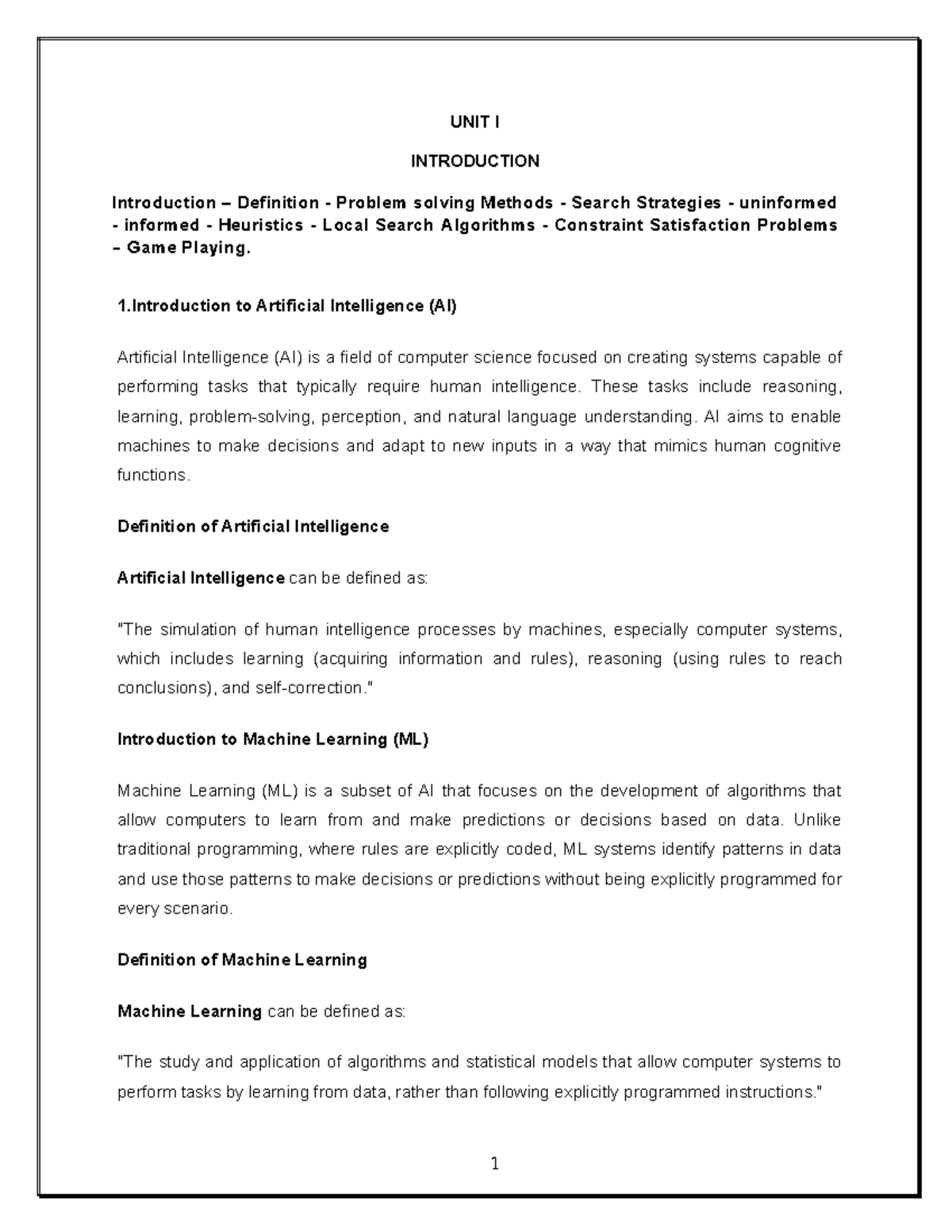 AI & ML (UNIT I) - Introduction to Problem Solving & Search Strategies ...