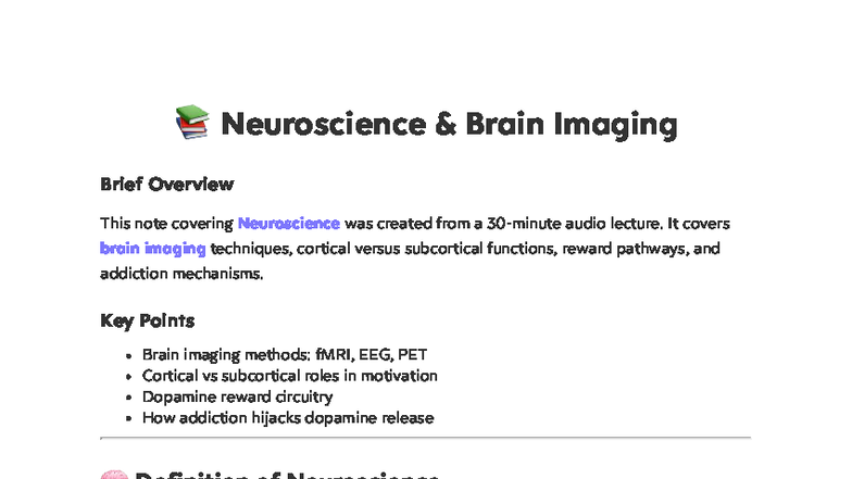 Neuroscience Lecture Notes: Brain Imaging & Dopamine Mechanisms - Studocu