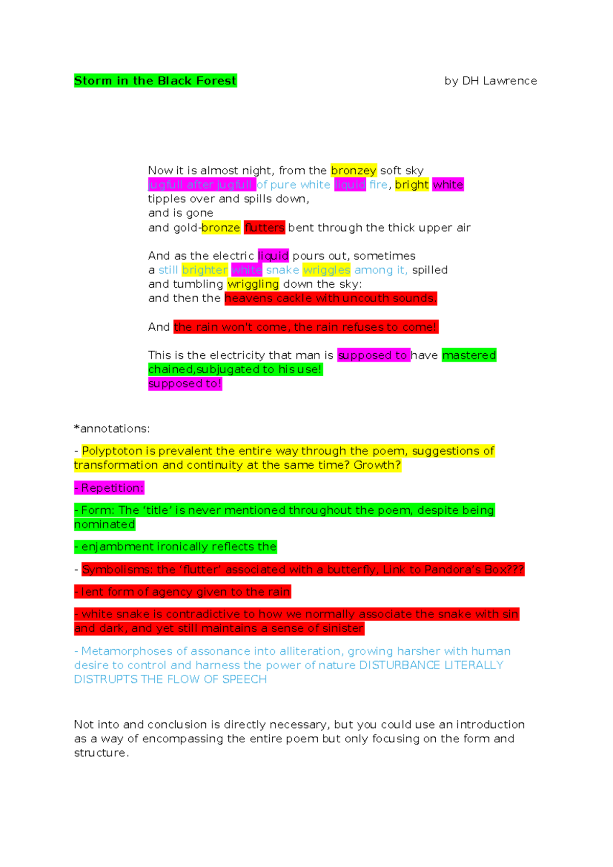 D.H. Lawrence's "Storm in the Black Forest" Essay Analysis - Studocu