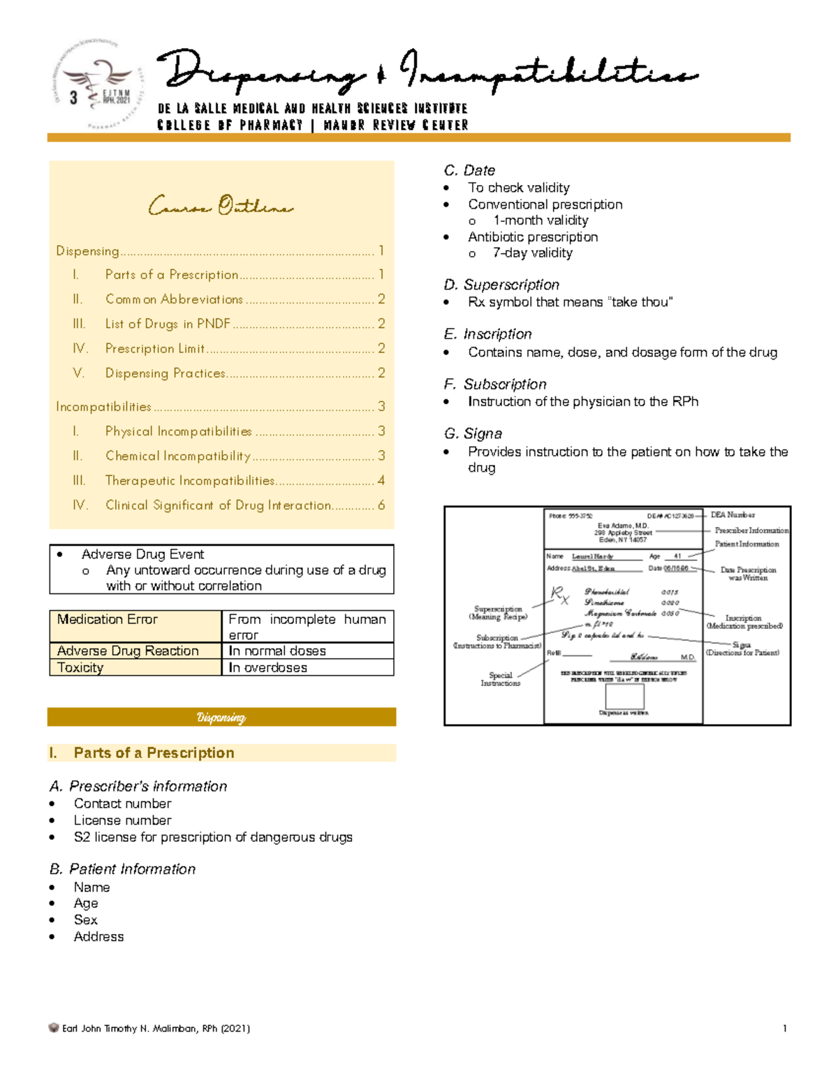 Dispensing Incompatibilities: Course Outline for PHAR 101 Final Exam ...