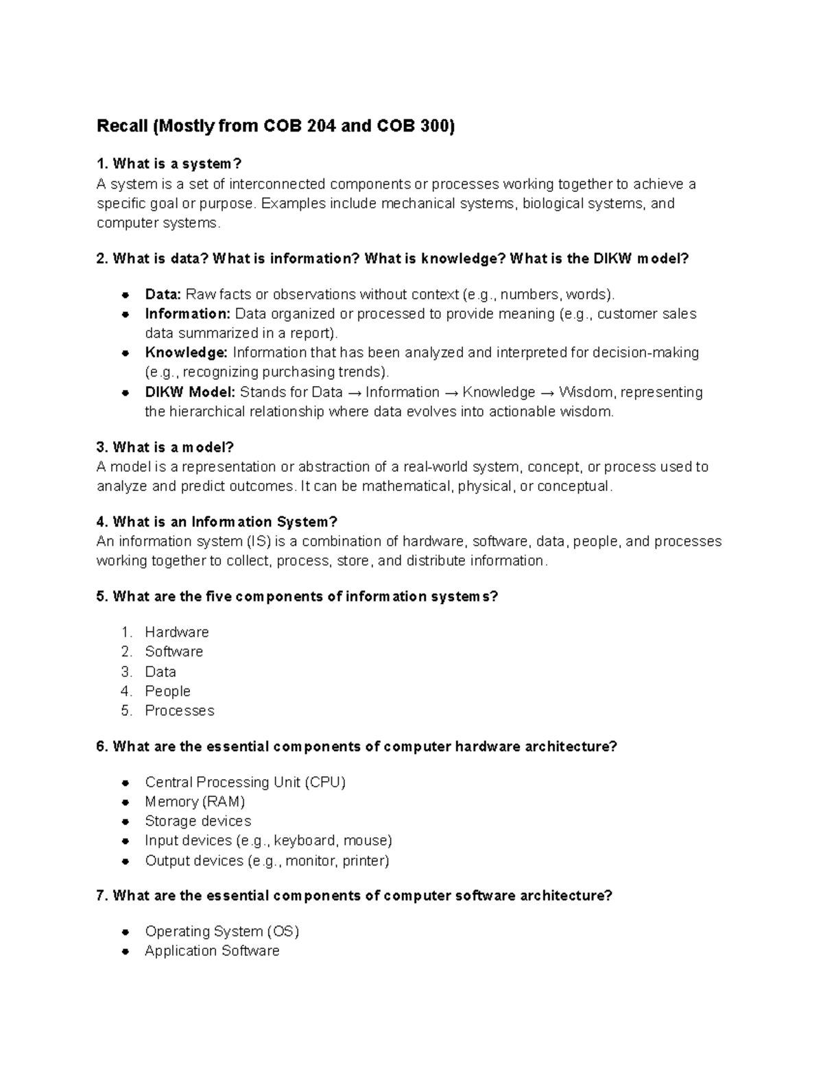 304 Study Guide - Recall (Mostly from COB 204 and COB 300) What is a system? A system is a set ...