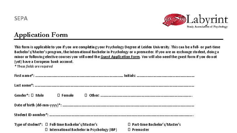 SEPA Application Form for Psychology Degree 2024-2025 - Studeersnel