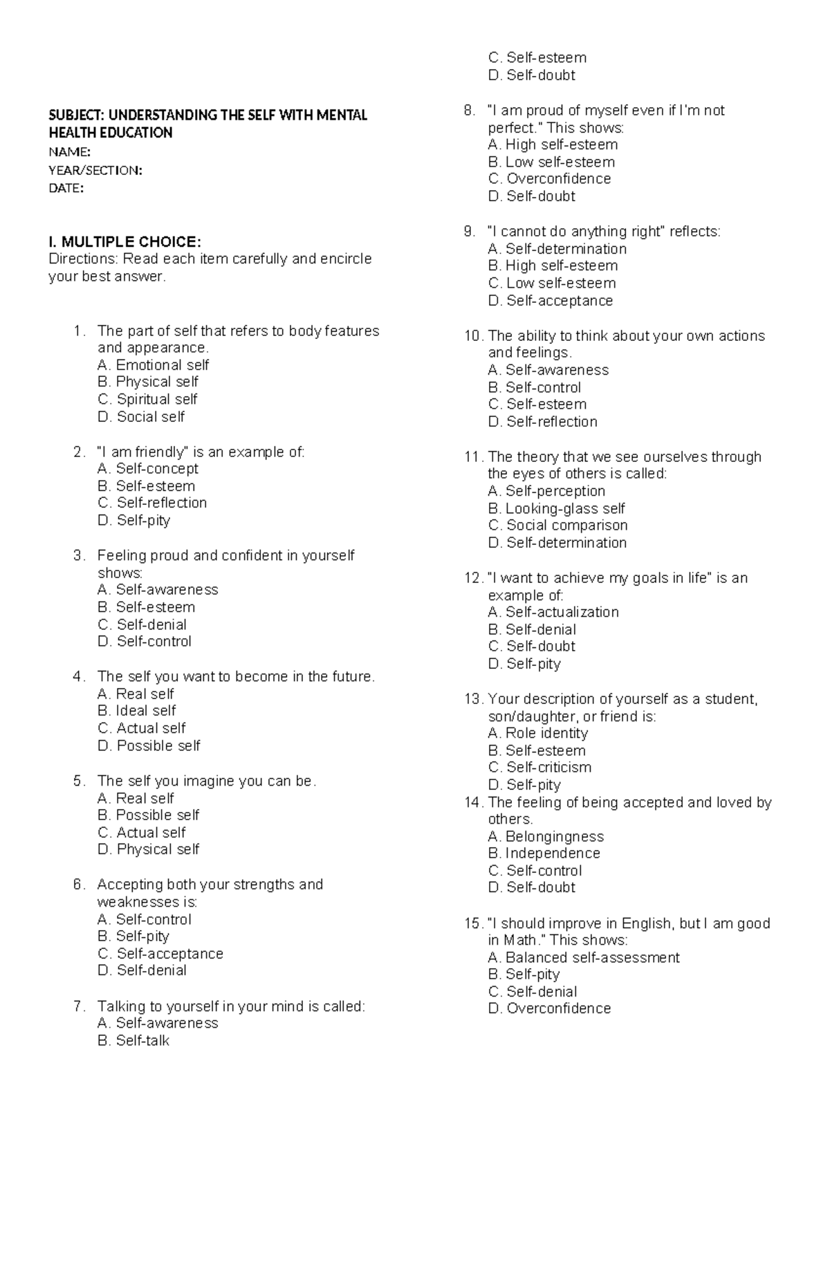 Midterm Exam for UTS 2025-2026: Understanding the Self and Mental ...