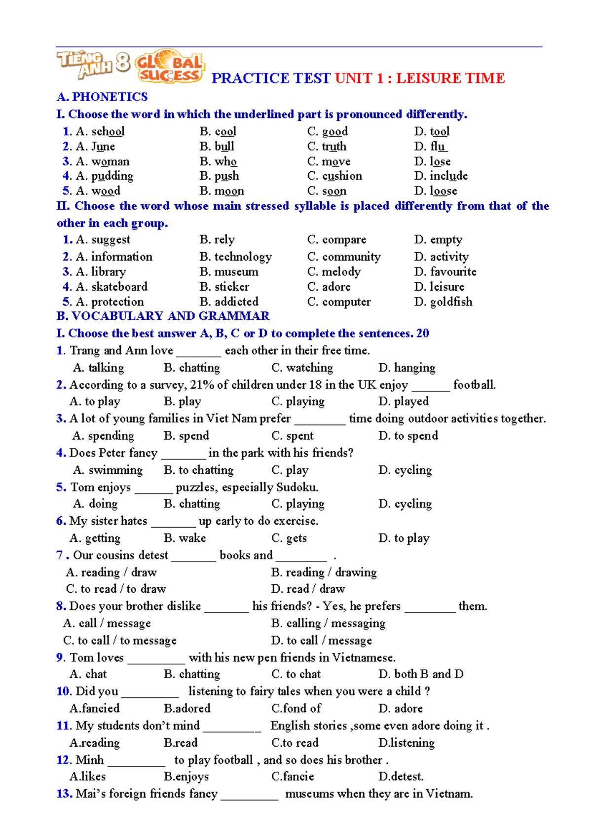 Practice Test Unit 1: Leisure Time - Phonetics & Grammar for Grade 8 ...