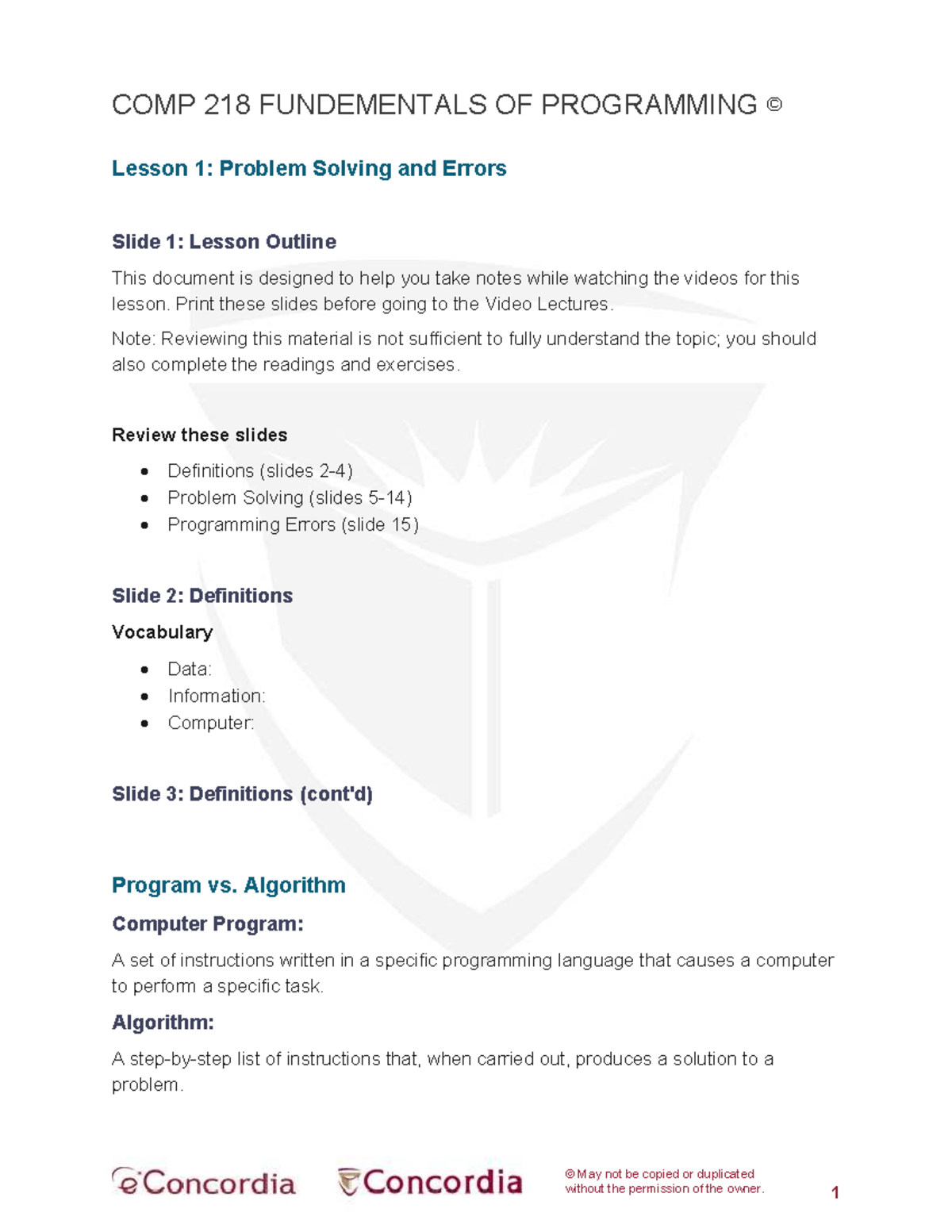 COMP 218 Fundamentals of Programming: Lesson 1 Notes on Problem Solving ...