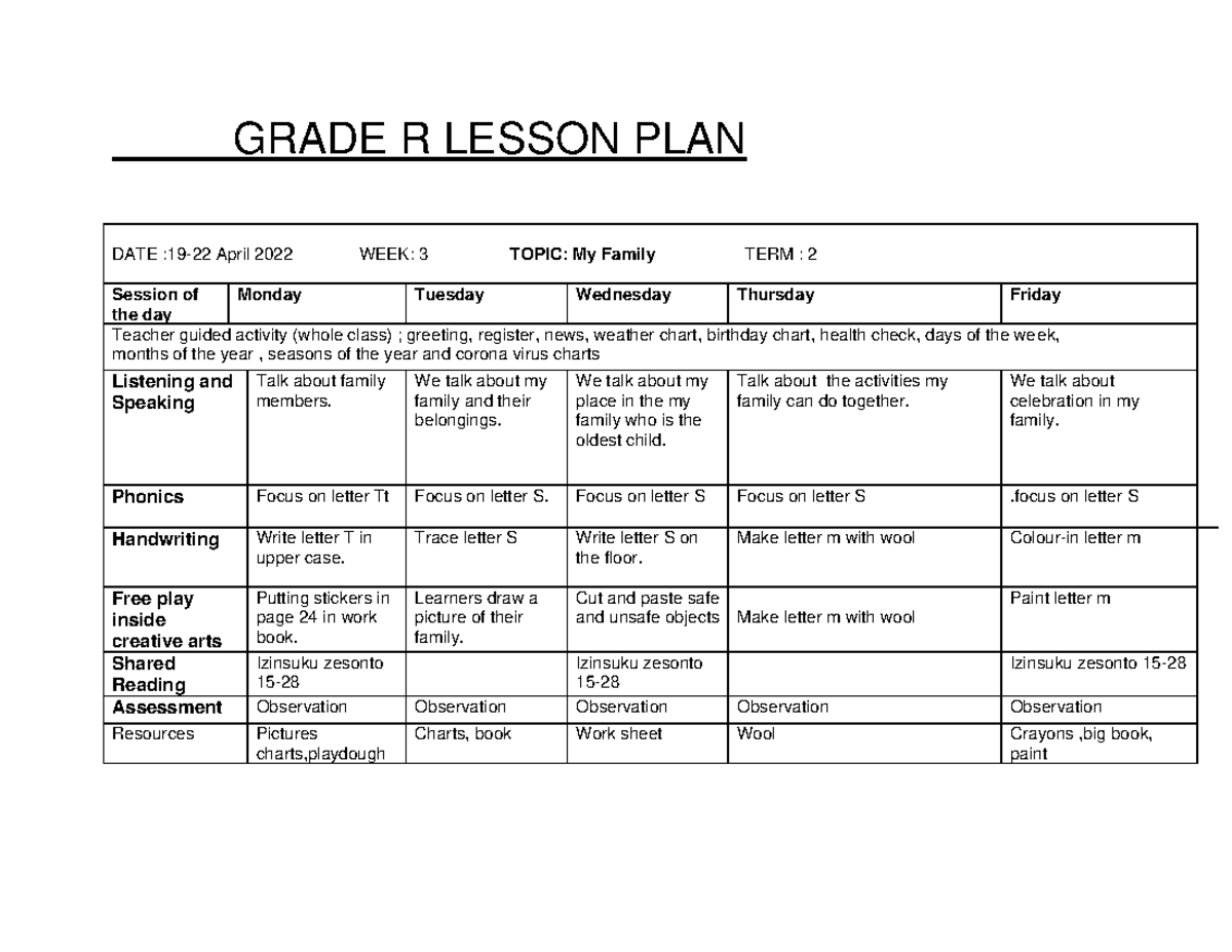 GRADE R Term 2 Lesson Plan: My Family Activities (April 2022) - Studocu