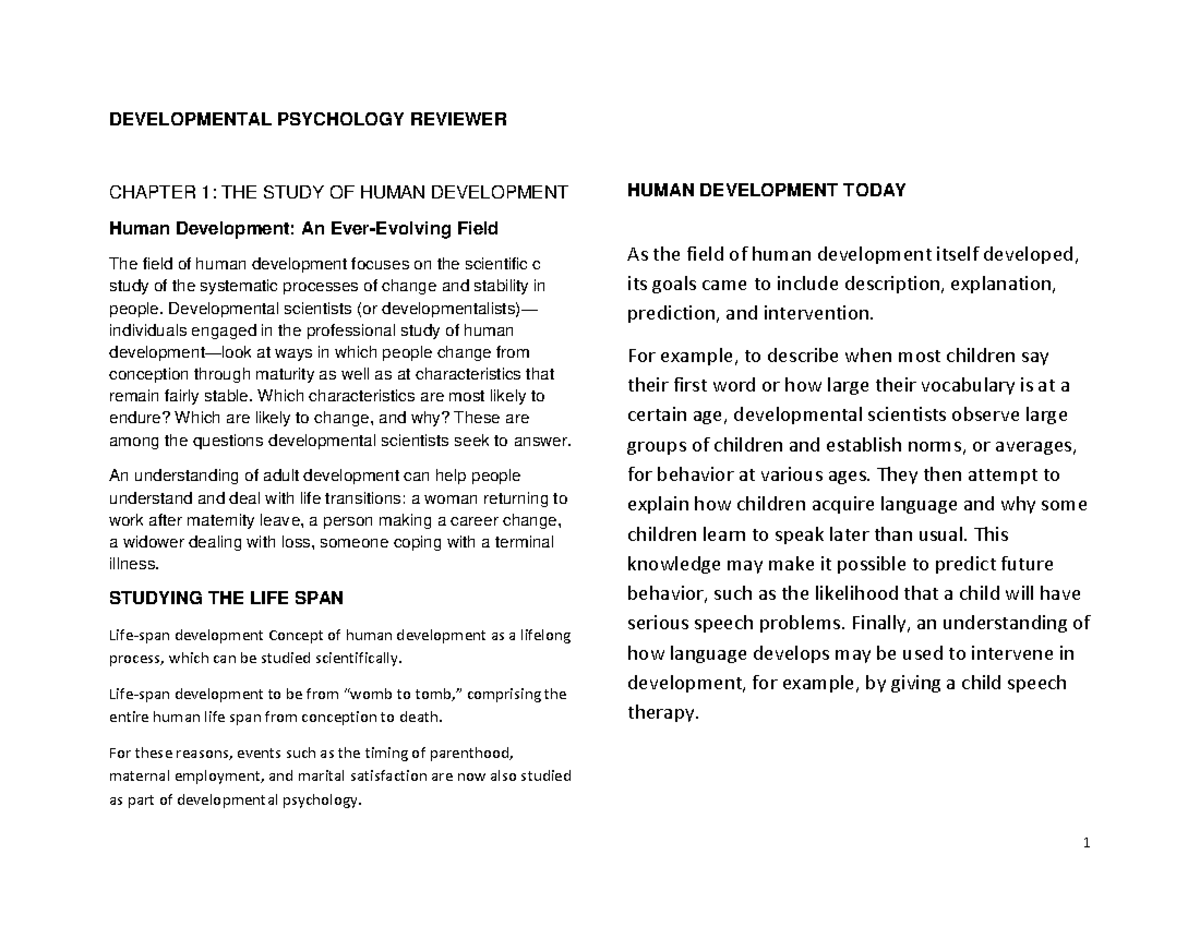 Developmental Psychology (PSY 101): Chapter 1 & 2 Overview - Studocu