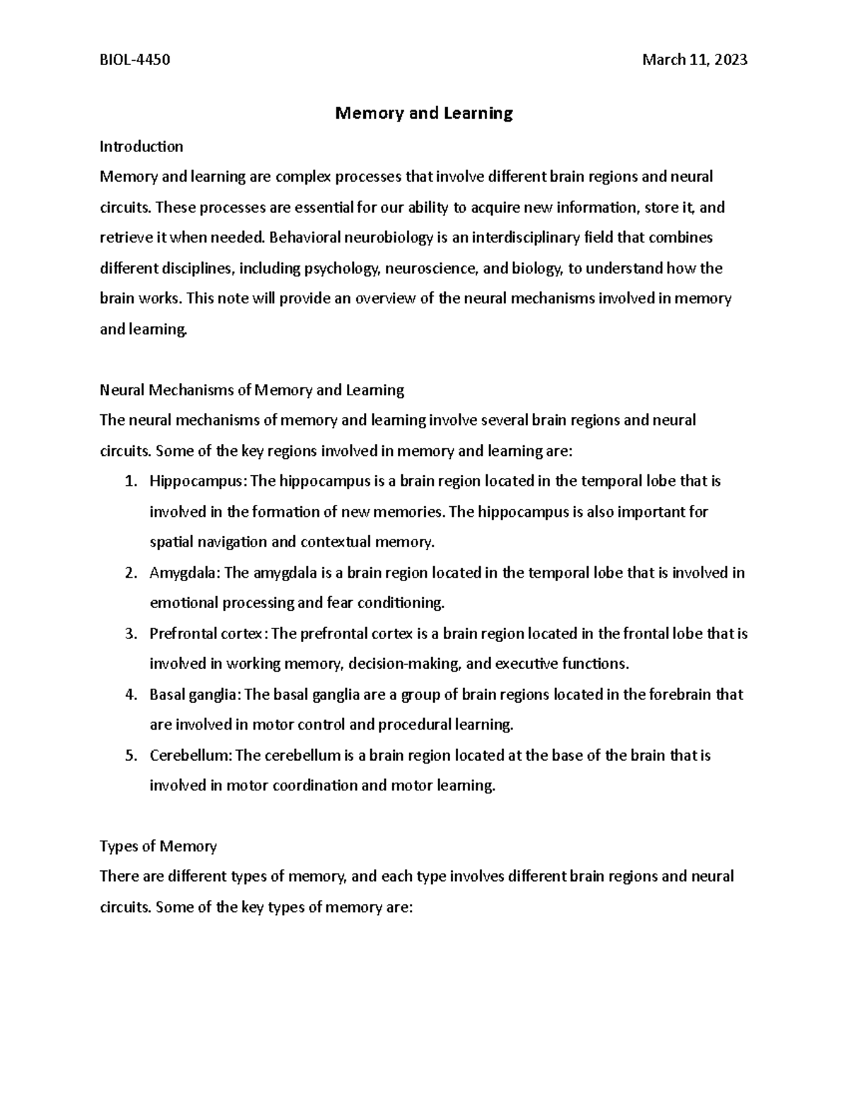 Memory and learning - BIOL-4450 March 11, 2023 Memory and Learning ...