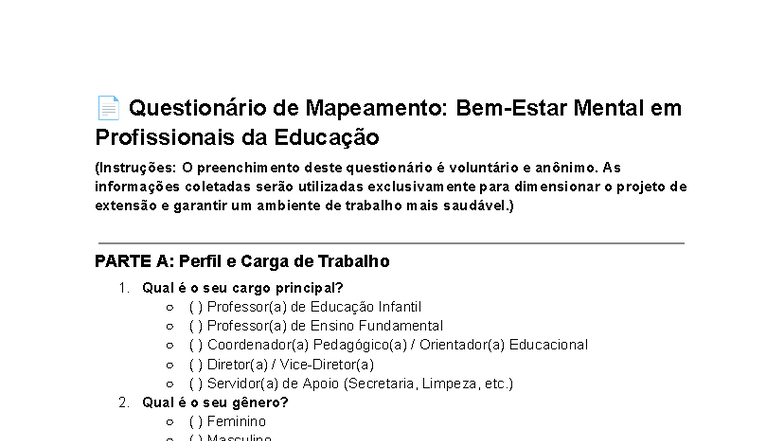Questionário de Mapeamento: Saúde Mental na Educação - Extensão ODS ...