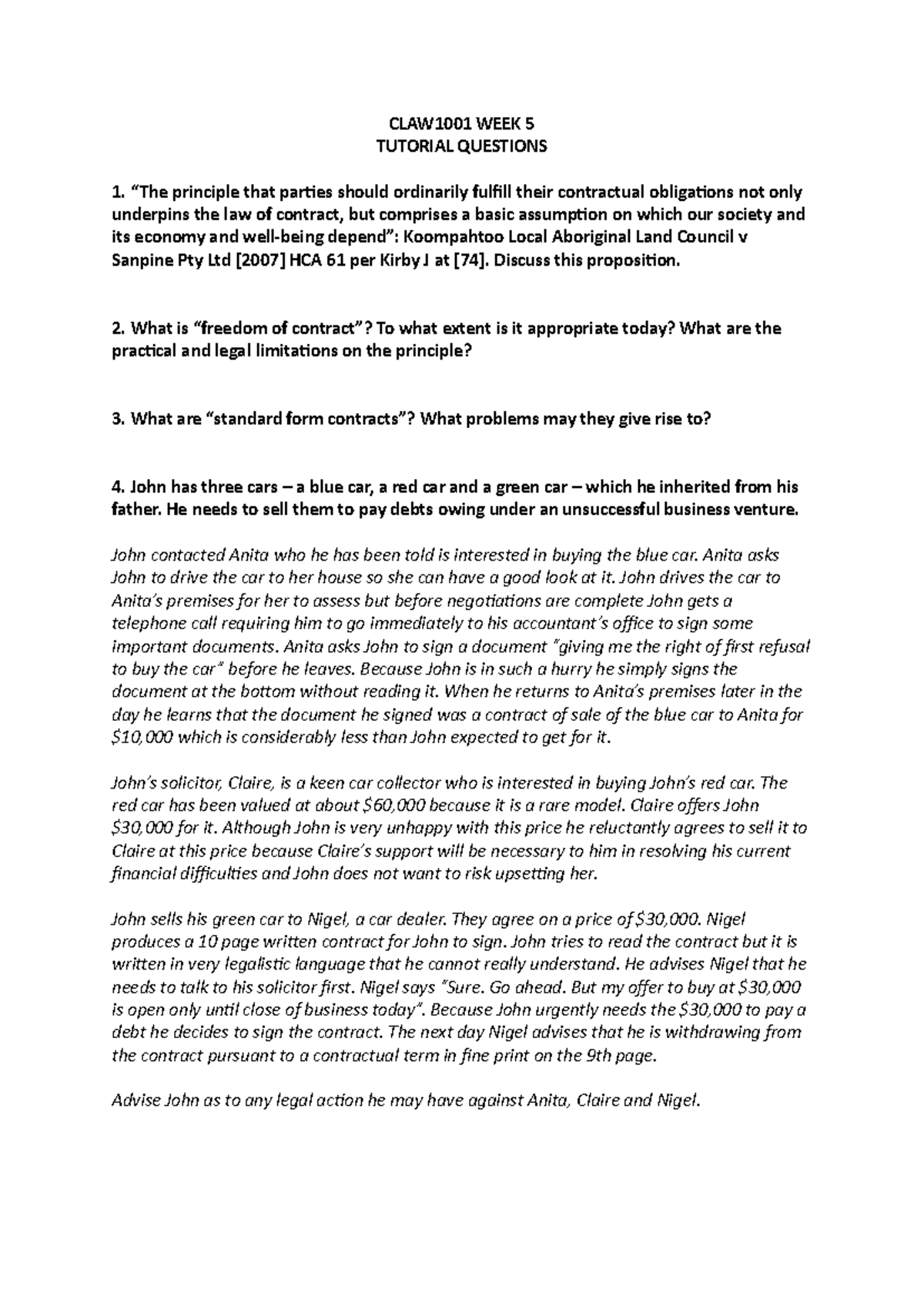 CLAW1001 WEEK 5 TUTORIAL QUESTIONS: Contractual Obligations & Issues ...