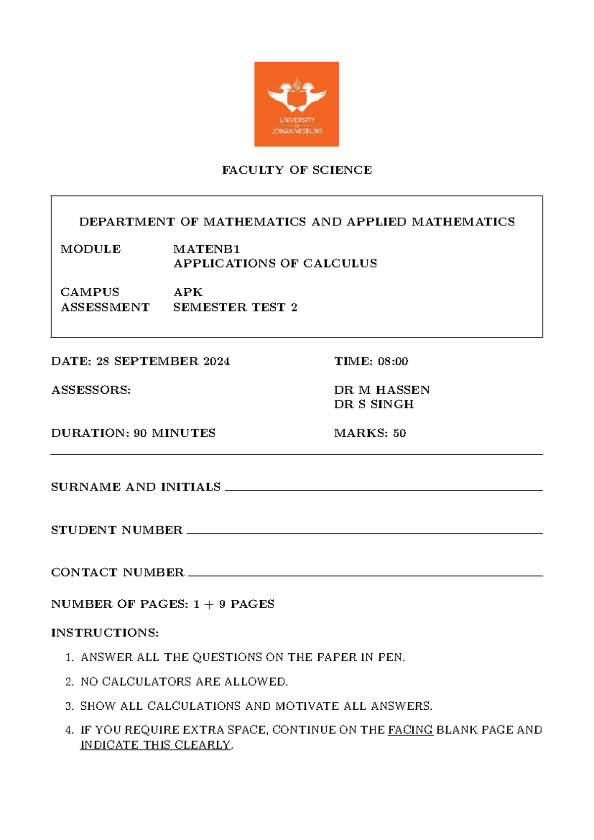 MATENB1 SEMESTER TEST 2 - APPLICATIONS OF CALCULUS PRACTICE MATERIAL ...