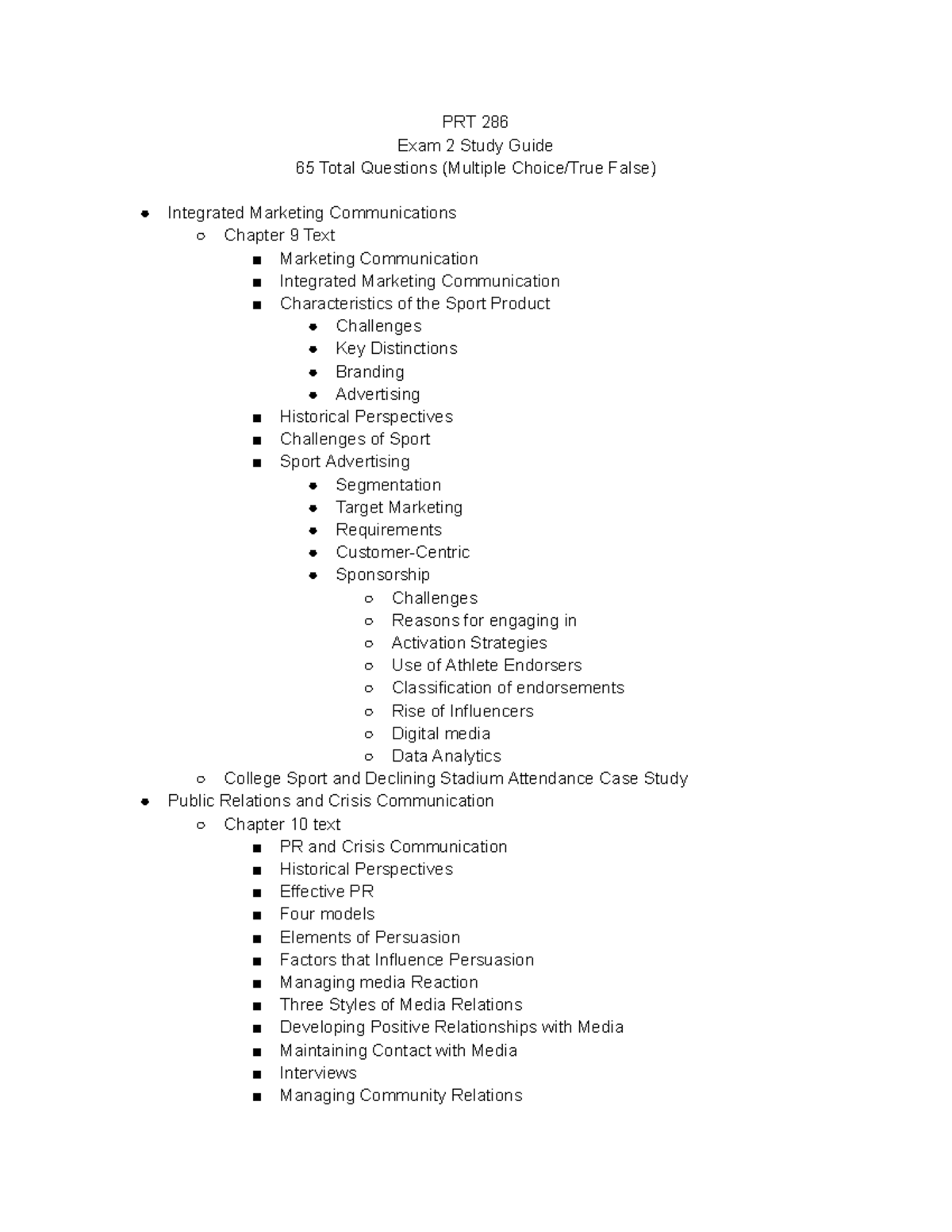 PRT 286 Final Exam Study Guide: Key Topics in Sport Communication - Studocu