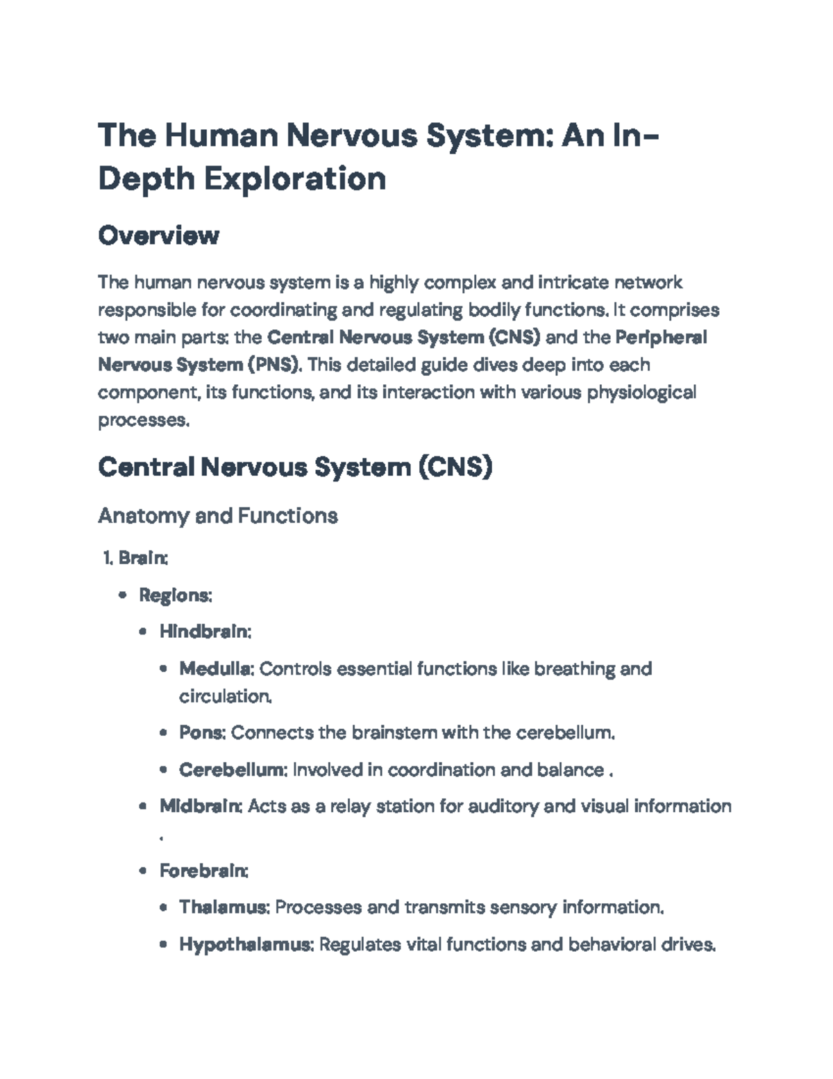 HUMA 101: Comprehensive Guide to Human Nervous System Functions - Studocu