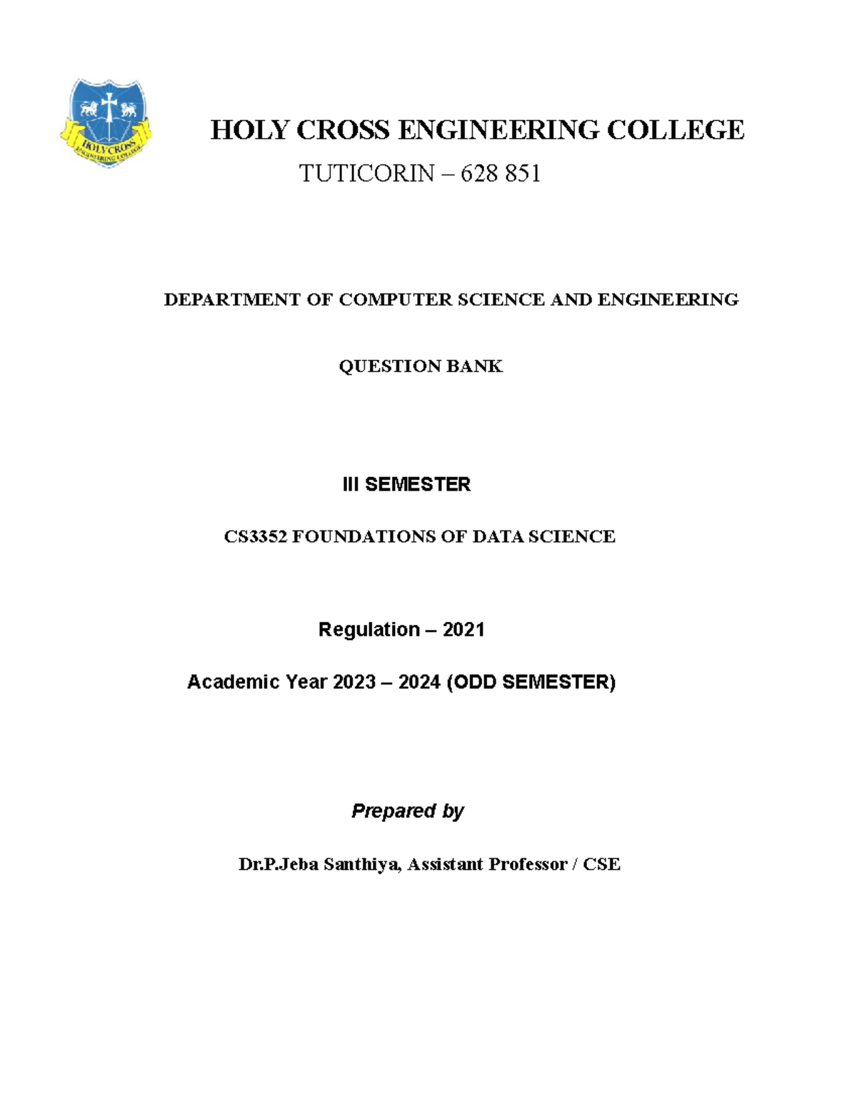 CS3352 Question Bank - Foundations of Data Science for III Semester ...