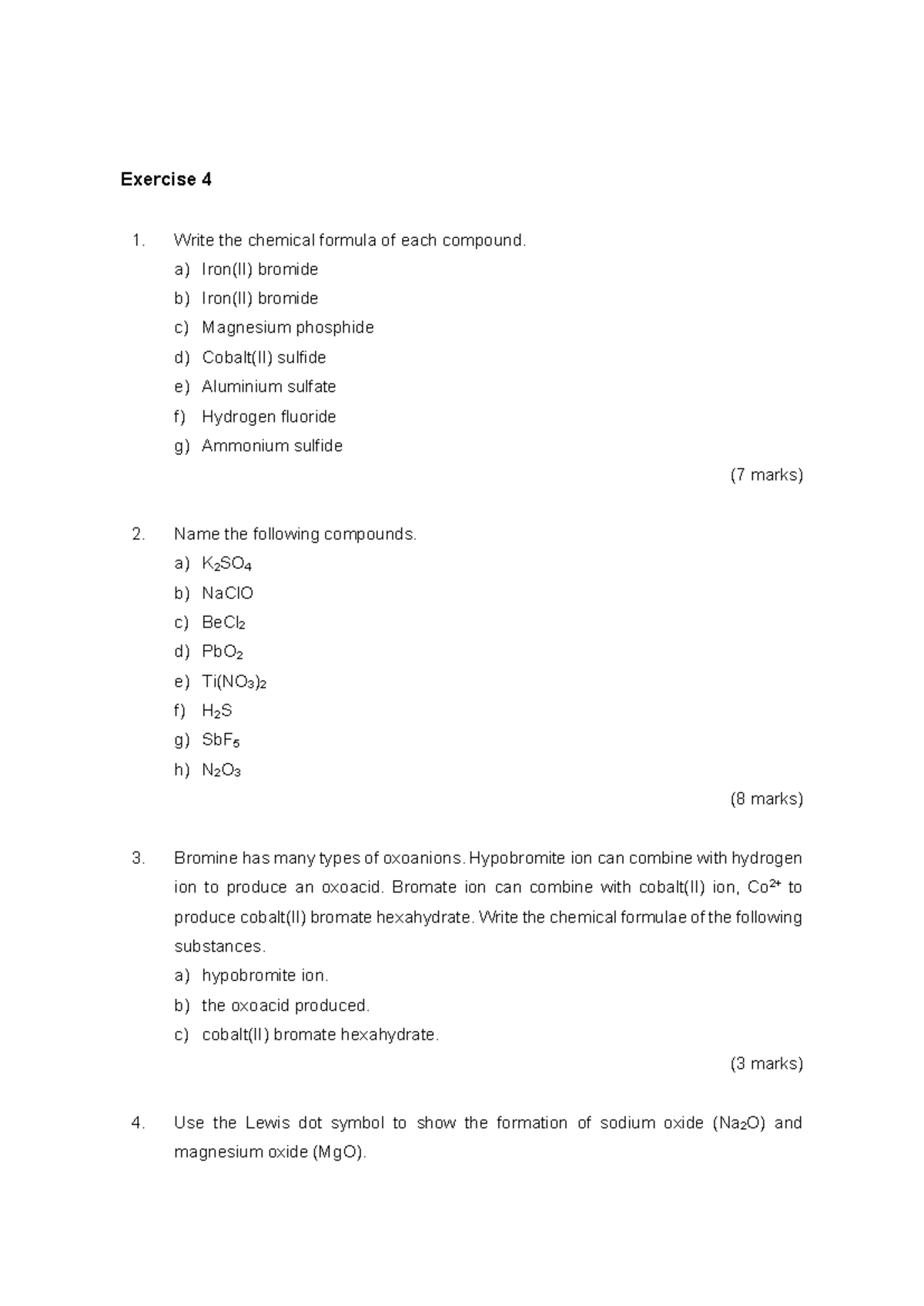 Chemical Compounds and Properties: Exercises 4, 5, 6, 7 - Studocu