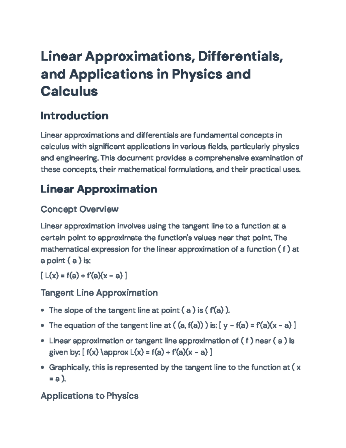 Linear Approximations and Differentials in Calculus and Physics ...