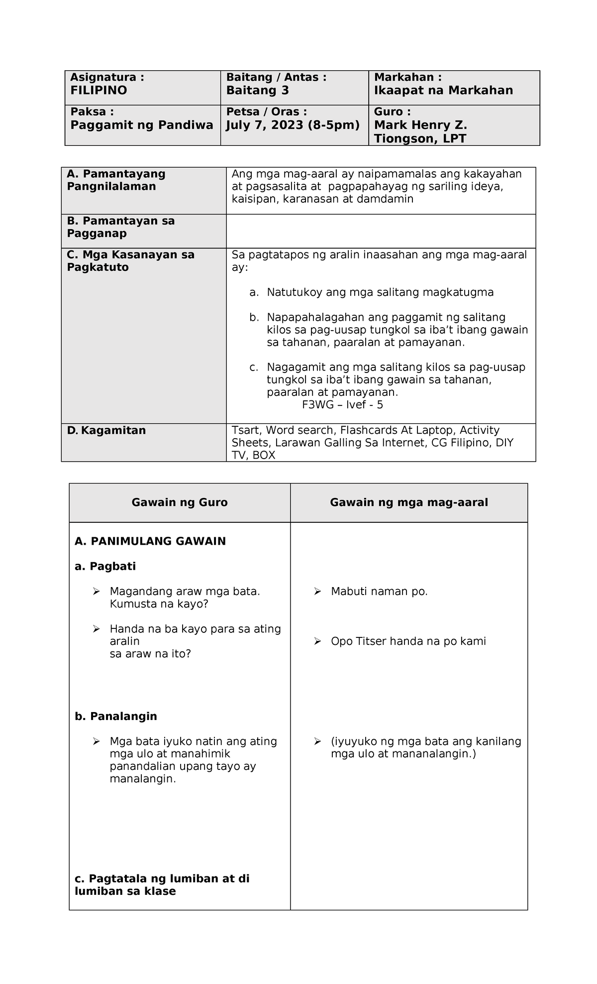 Detailed Lesson Plan for Filipino 3: Paggamit ng Pandiwa - Studocu