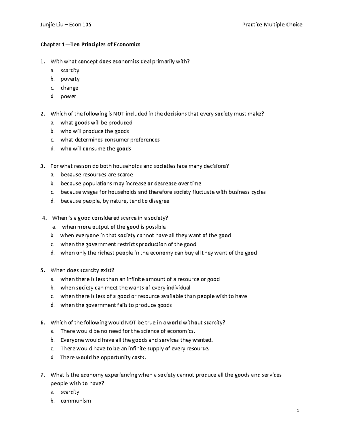 Practice MCQs for Economics Chapter 1 Principles - Studocu