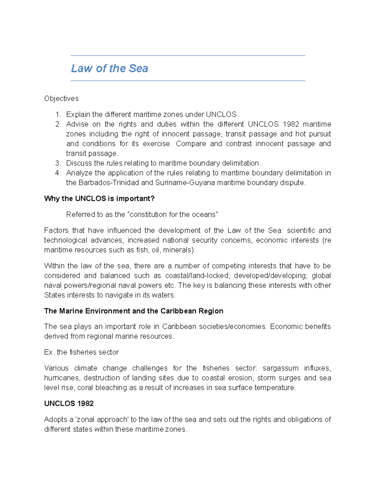 Law of the Sea (UNCLOS) Lecture Notes: Key Zones & Jurisdiction - Studocu