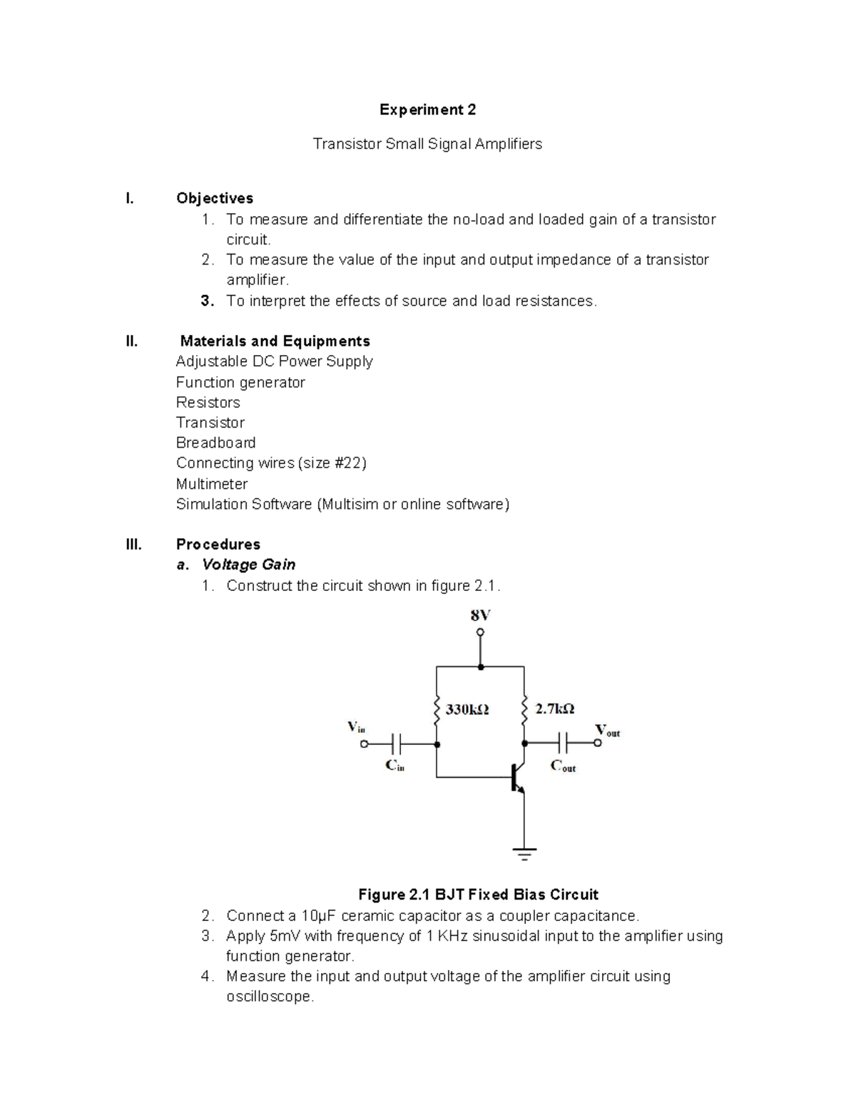 Experiment 2: Transistor Small Signal Amplifiers Analysis and Gain Measurement - Studocu