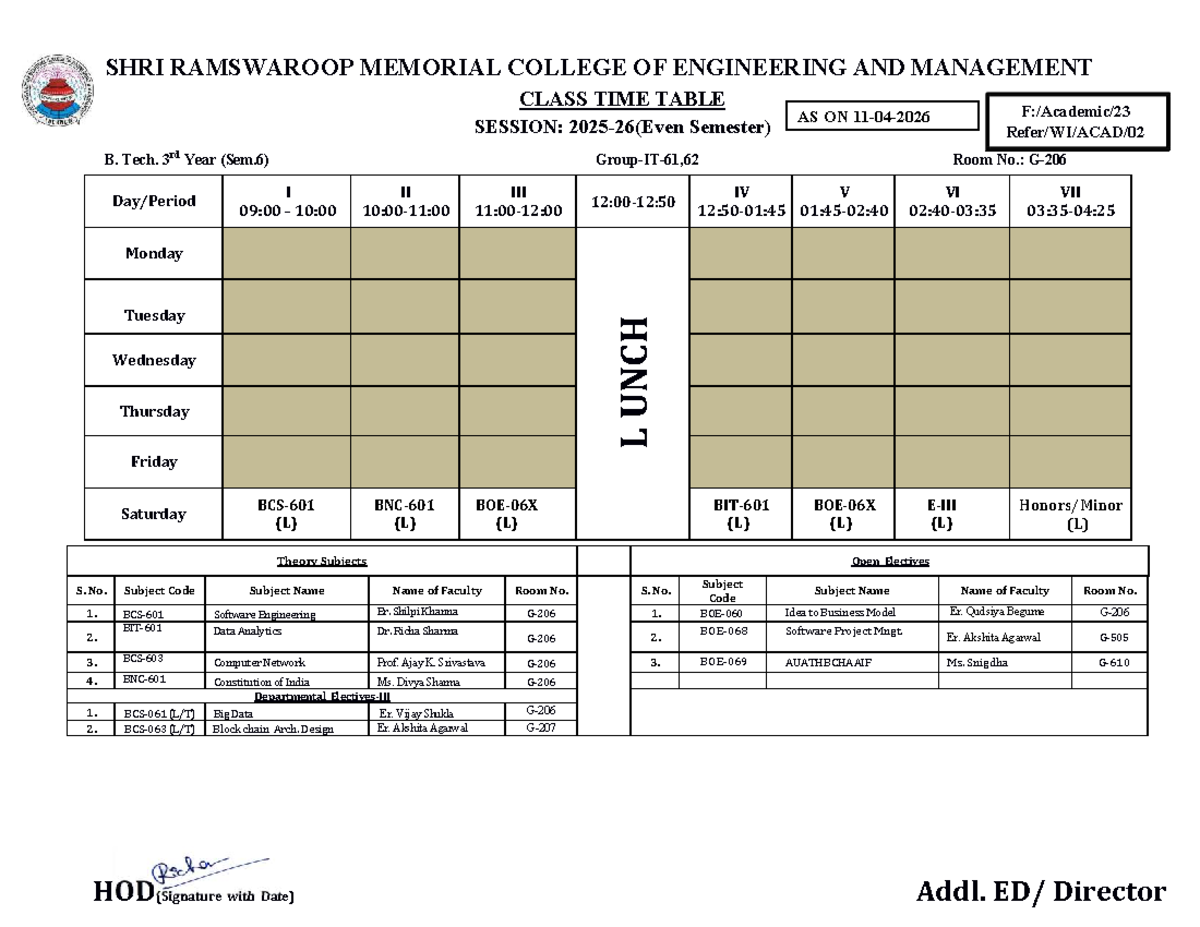 IT CTT VI Sem Saturday Class Time Table for B. Tech 3rd Year - Studocu
