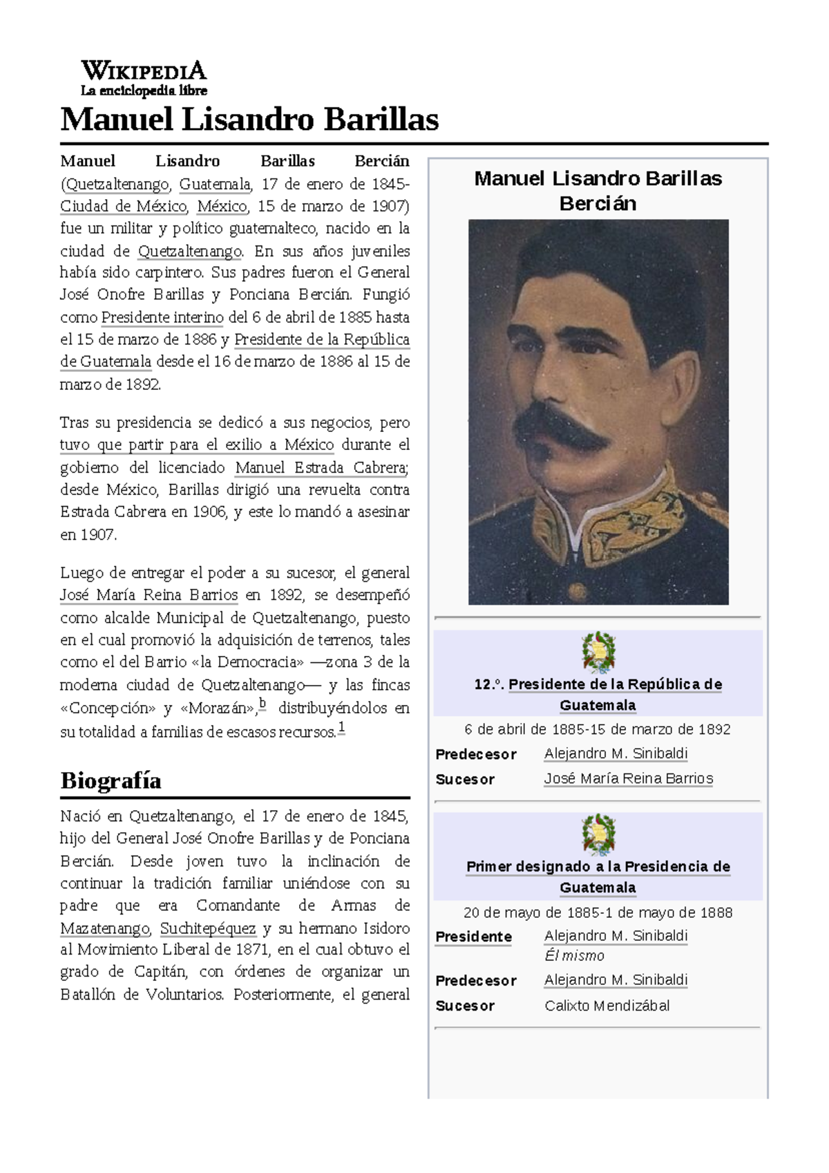 Biografía de Manuel Lisandro Barillas (1885-1892) - Pres. Guatemala ...