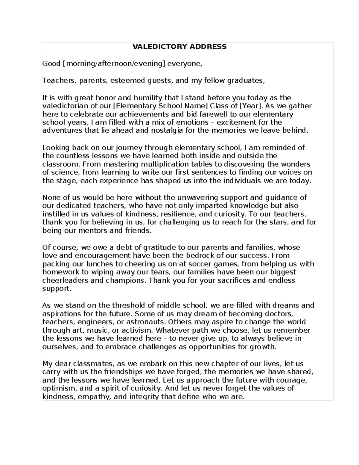 Valedictory Address - Essential Reflections for Graduation [Year] - Studocu