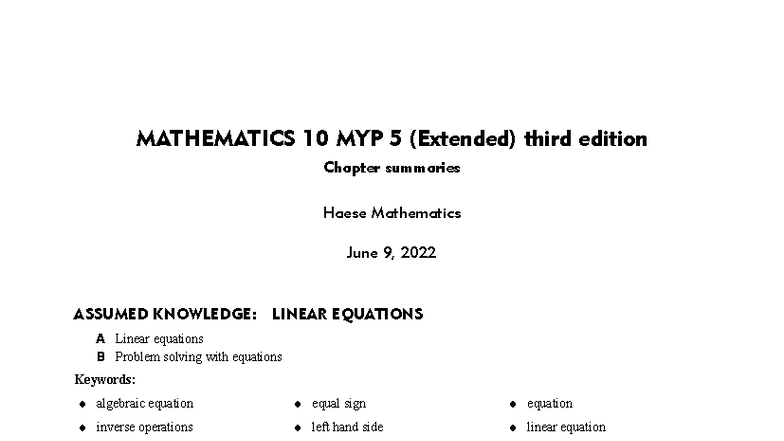 MATHEMATICS 10 MYP 5 (Extended) 3rd Ed. Chapter Summaries - Studocu