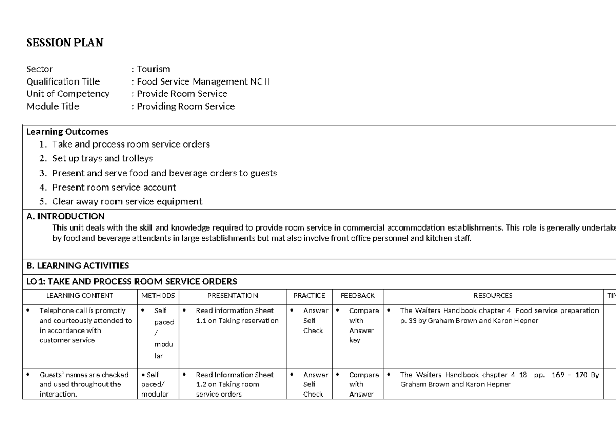 Session Plan for FBS NC II: Core Competency in Room Service - Studocu