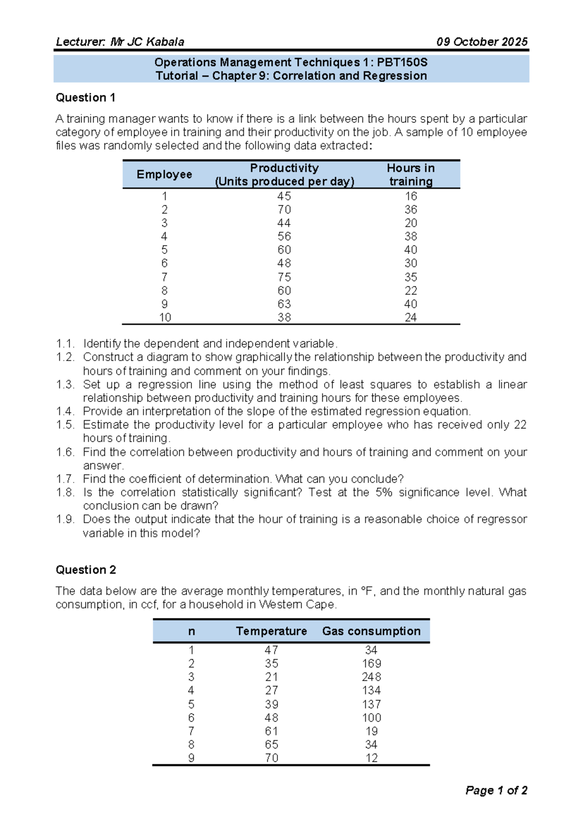PBT150S Tutorial: Correlation & Regression Analysis - Chapter 9 - Studocu