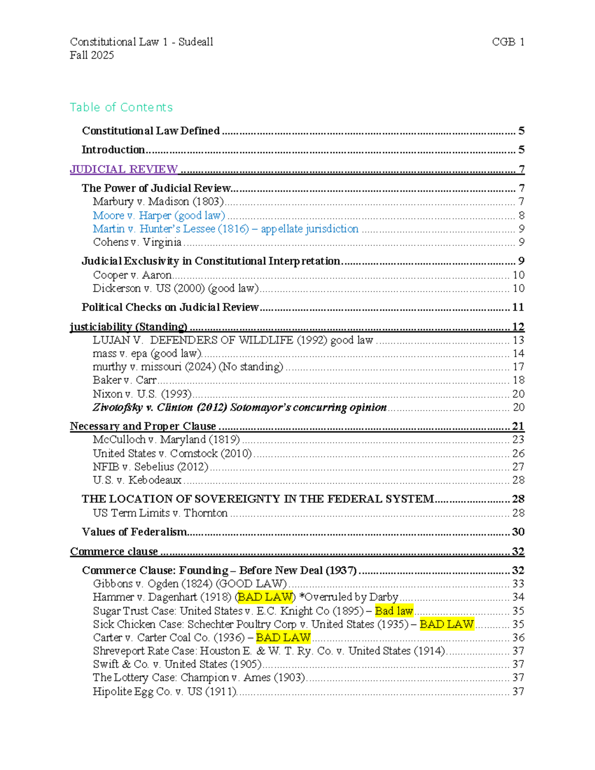 Constitutional Law 1 - Sudeall Fall 2025 Exam Prep Notes - Studocu