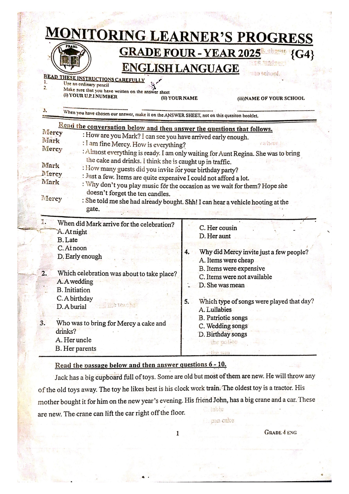 G4 English - Monitoring Progress for Grade 4 Year 2025 - Studocu