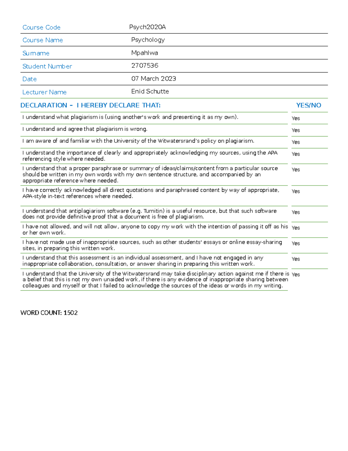 Plagiarism Declaration Form 2024 filled in Nwabisa - Course Code ...