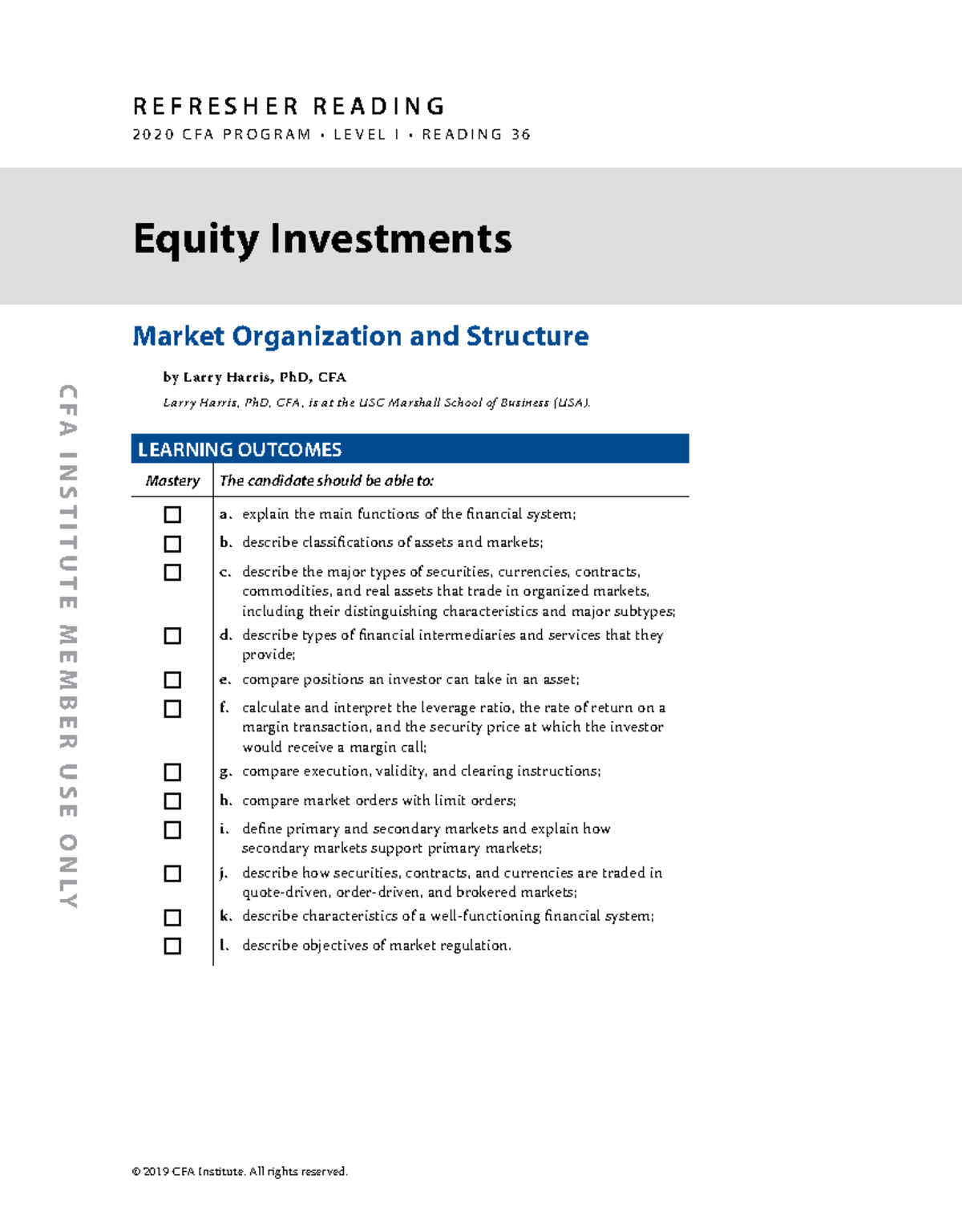 CFA 2020 Level I: Market Organization & Structure Insights - Studocu